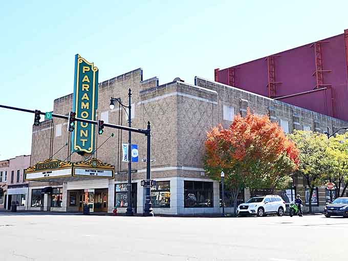 Ashland's historic Paramount Theatre marquee lights up downtown, promising entertainment without big-city prices or parking hassles.