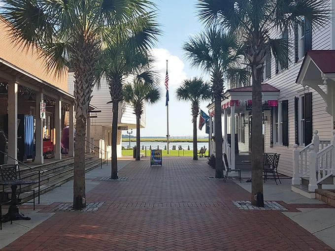 Tall palm trees and a brick walkway in Beaufort guide your eyes toward the scenic waterfront for a peaceful stroll.