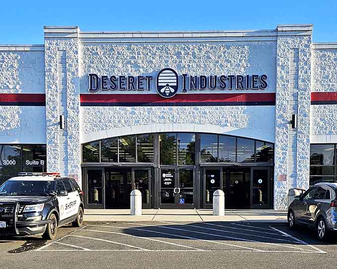 Deseret Industries' impressive white fa&ccedil;ade suggests this isn't your average thrift store. Architectural ambition meets bargain hunting.
