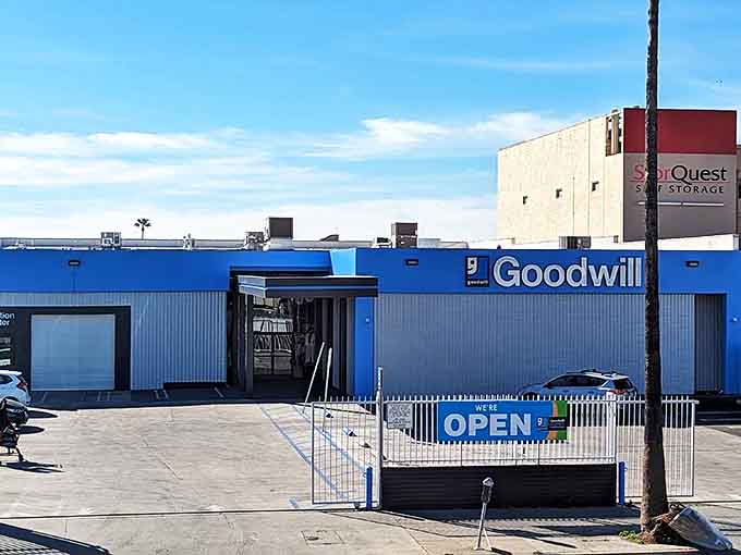 Goodwill's bright blue building on Sunset Boulevard stands out like a bargain beacon in Los Angeles.