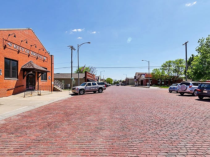 Gretna's City Hall anchors the brick-paved main street, where small-town government meets classic Nebraska charm in this peaceful community.