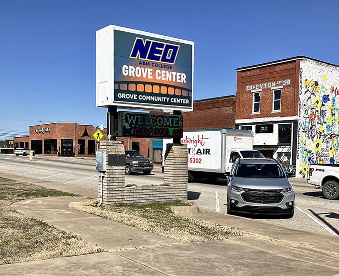Grove's community center sign welcomes visitors with small-town hospitality. The heart of this lakeside gem stands ready for whatever brings folks together.
