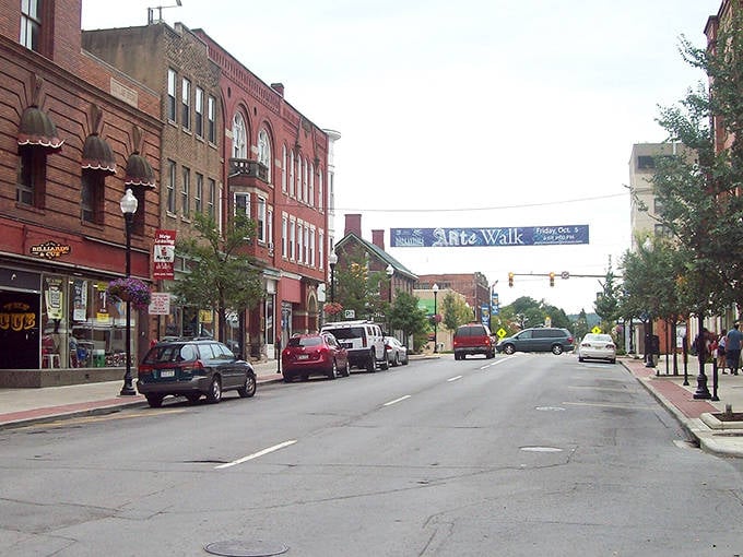 The classic American main street in Morgantown balances historic charm with the energy of a college town.