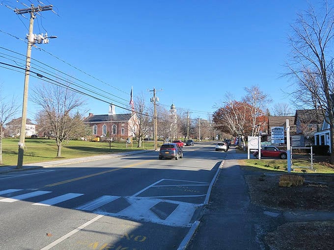 New London's wide main street showcases the town's historic buildings and well-maintained public spaces, perfect for leisurely afternoon strolls.