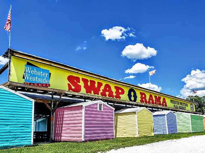 Those rainbow-colored storage units create the most cheerful flea market entrance you'll ever see anywhere.