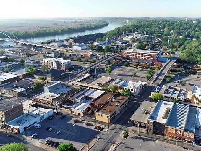 The aerial view of Atchison shows how the town hugs the Missouri River &ndash; a perfect blend of natural beauty and historic architecture.