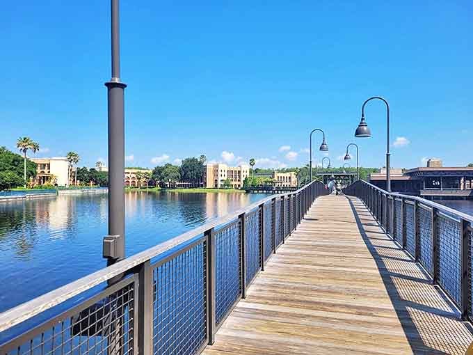 The peaceful boardwalk stretches over calm waters, offering residents and visitors a perfect spot for reflection and gentle exercise.