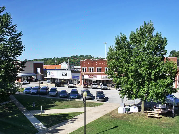 This aerial view shows Harrison's well-maintained downtown area where locals gather to shop, dine, and enjoy community events together.