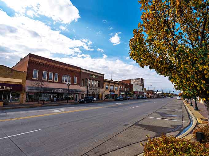 Marshall's tree-lined downtown offers a picturesque setting for affordable small-town life. Fall colors complement the classic brick buildings where local businesses thrive.