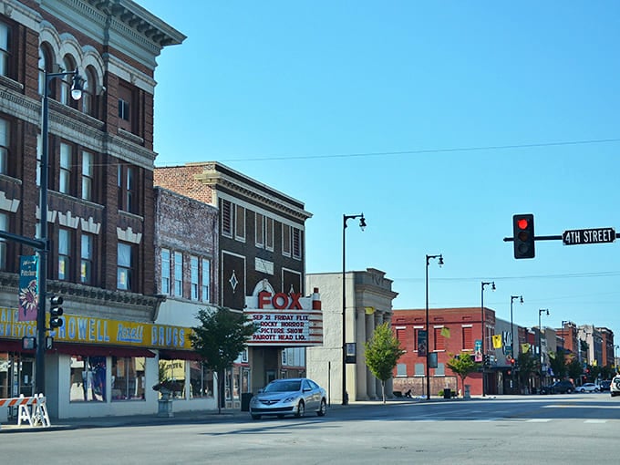 The Fox Theatre's classic marquee adds vintage glamour to Pittsburg's lively downtown streetscape.