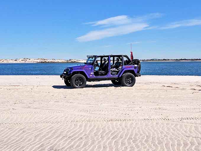 Beach cruising reaches new levels with this purple Jeep, proving that sometimes the journey across the sand is as memorable as the destination.