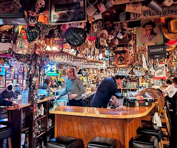 The bar area looks like it was decorated by someone who never met a souvenir they didn't like&mdash;and somehow, magically, it all works perfectly.