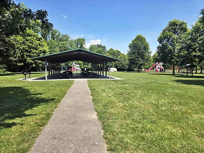 Big Oak Park's pavilion stands ready for family gatherings &ndash; because picnics taste better when you're not paying resort prices.