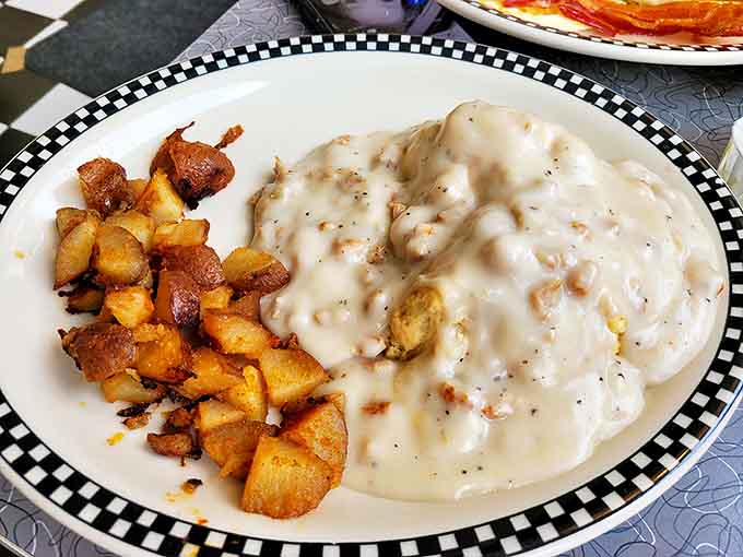 Biscuits and gravy that would make your grandmother both proud and jealous. Those home fries are the unsung heroes of this plate.