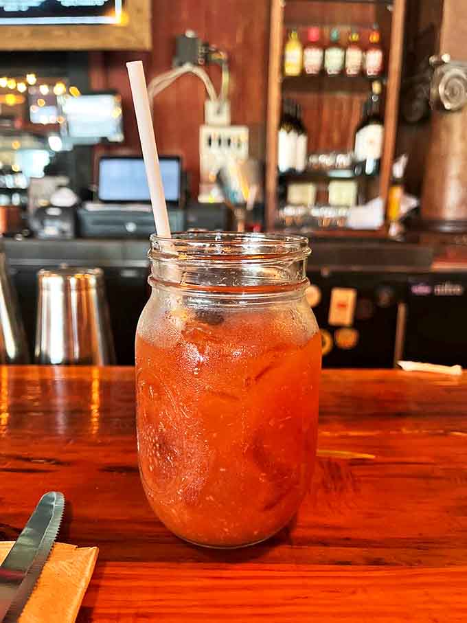 A mason jar isn't just country chic, it's the perfect vessel for this ruby-red Bloody Mary that's practically a meal unto itself.