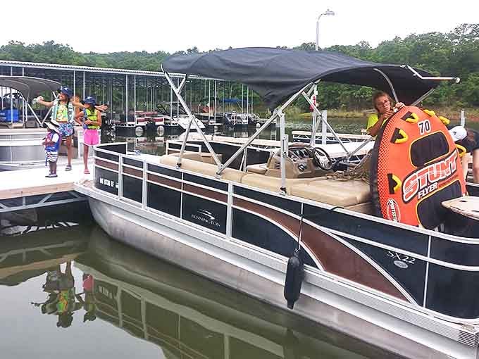 Family memories in the making&mdash;this pontoon boat stands ready for a day of laughter, splashing, and the inevitable "I'm hungry" chorus.