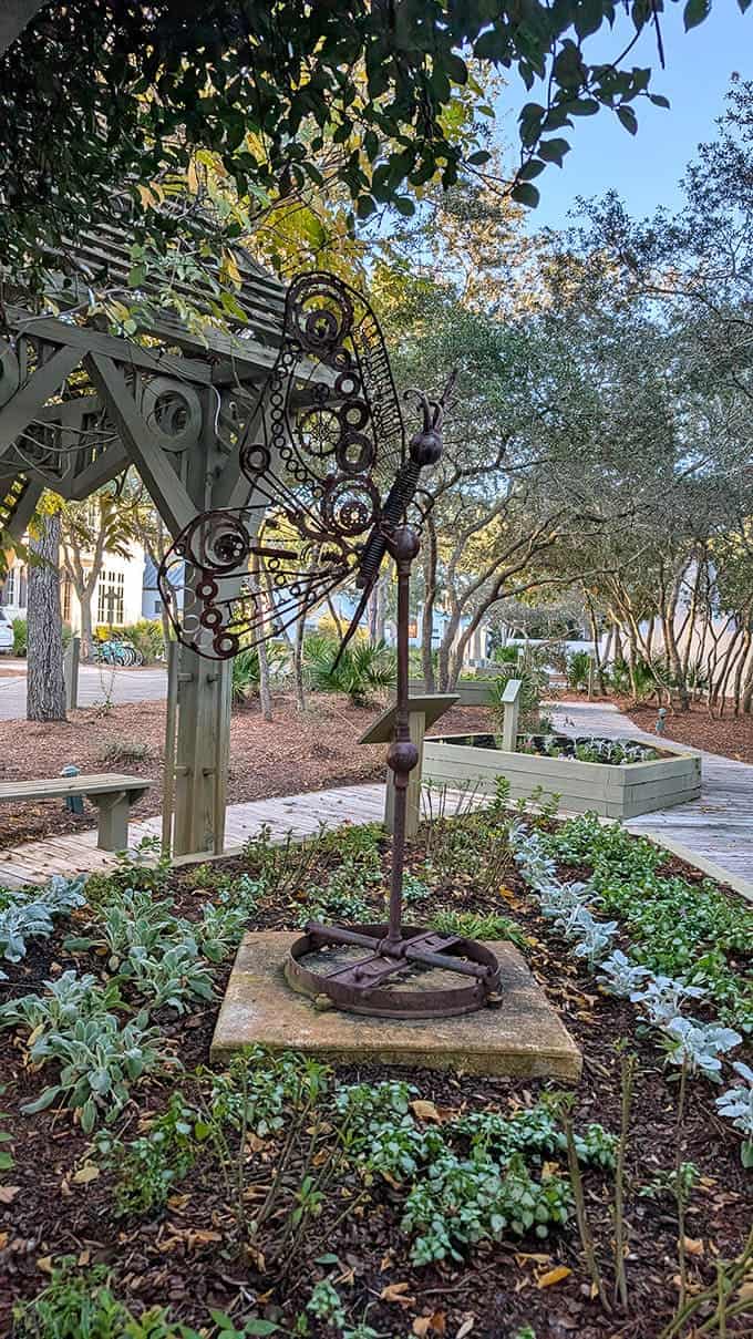 Art meets nature in the butterfly garden, where this whimsical metal sculpture transforms industrial parts into delicate wings&mdash;rust never looked so beautiful.