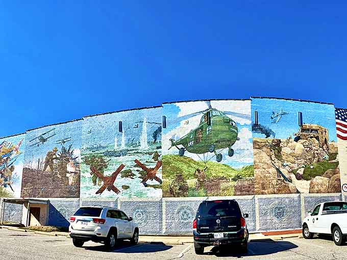 A vibrant military-themed mural brings color to downtown. Public art that honors service while brightening the daily commute.