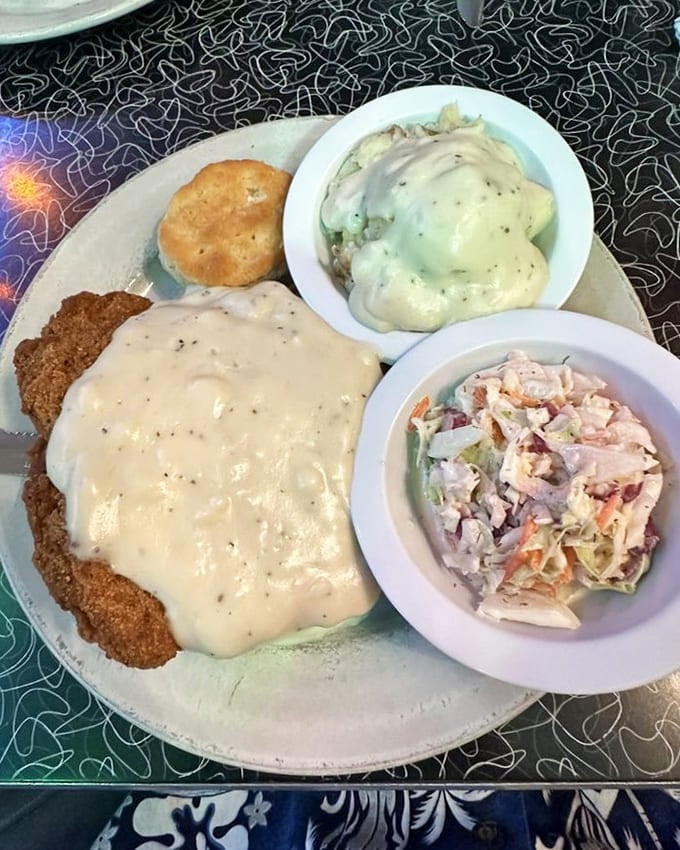 Country-fried steak swimming in gravy with green beans and applesauce&mdash;comfort food that transcends galaxies and generations.