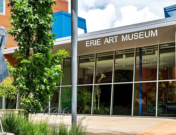 The Erie Art Museum's modern entrance invites cultural exploration without pretension. Where you can appreciate art without needing an art degree.
