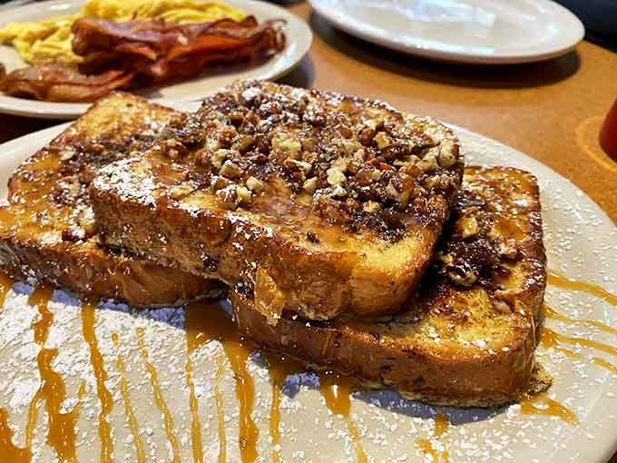 French toast that's dressed for success with caramel drizzle and candied nuts. Breakfast or dessert? The line blurs deliciously when maple syrup enters the chat.