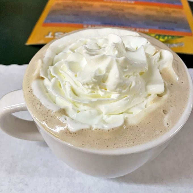 Hot chocolate that doesn't know the meaning of restraint, crowned with a whipped cream hat so tall it needs its own zip code.