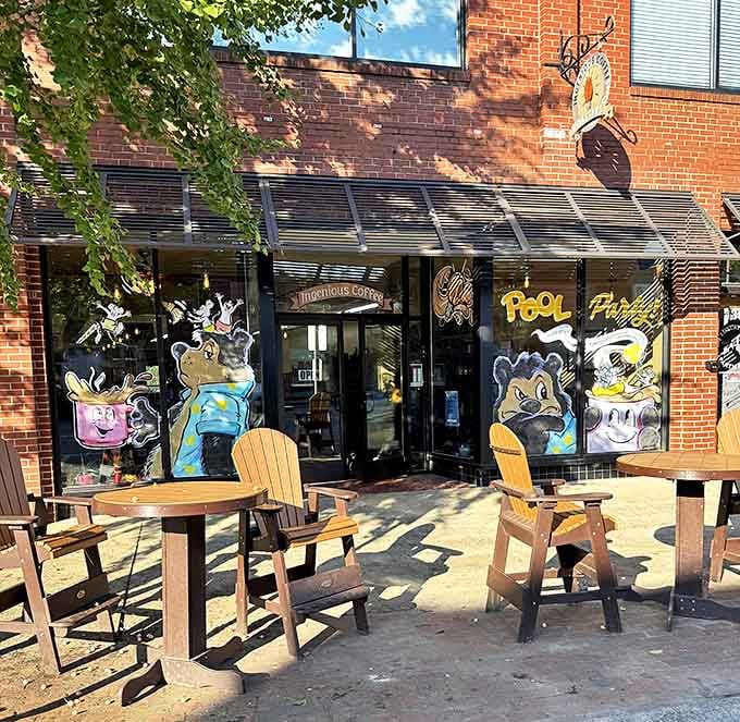 Ingenious Coffee Roasters brings whimsical charm to serious caffeine. Those playful window characters suggest your coffee comes with a side of imagination.