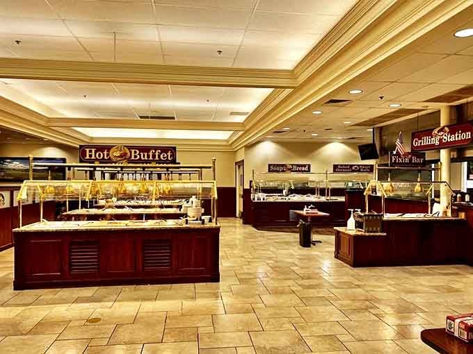 The buffet stations stand like monuments to abundance, promising a journey through comfort food classics without passport required.