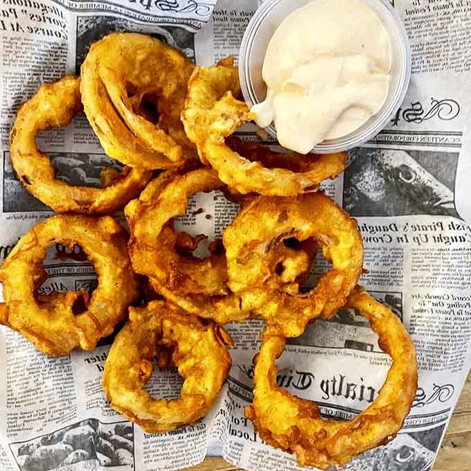 Onion rings with the perfect crunch-to-softness ratio. That dipping sauce isn't just an afterthought&mdash;it's the perfect dance partner.