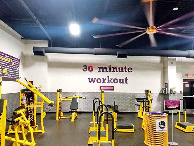 Planet Fitness offers "30 minute workouts" in a sea of yellow equipment&mdash;perfect for balancing out all those local culinary adventures.