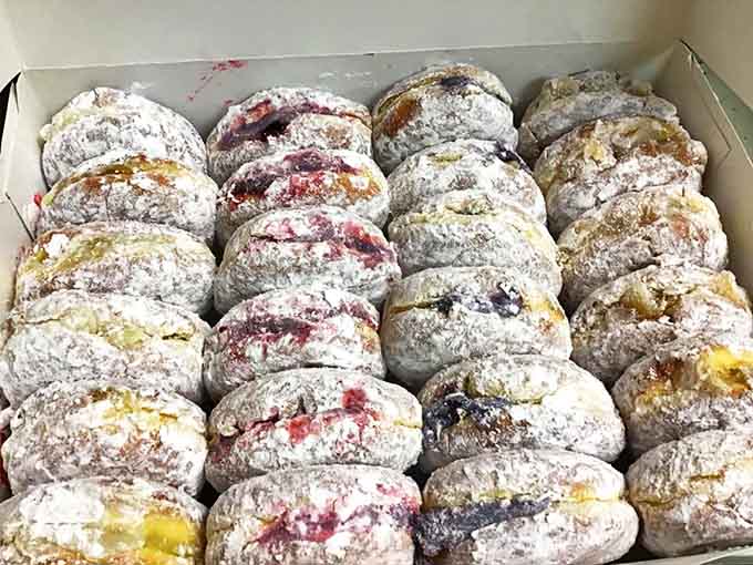 Powdered jelly donuts lined up like snowy mountains, each hiding a sweet secret core that's worth the inevitable shirt stains.