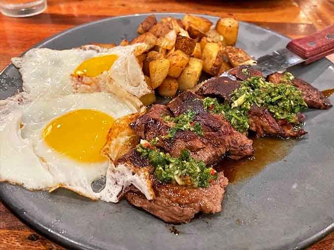 Steak and eggs with chimichurri and sunny-side-up perfection &ndash; the breakfast of champions who plan to skip lunch entirely.