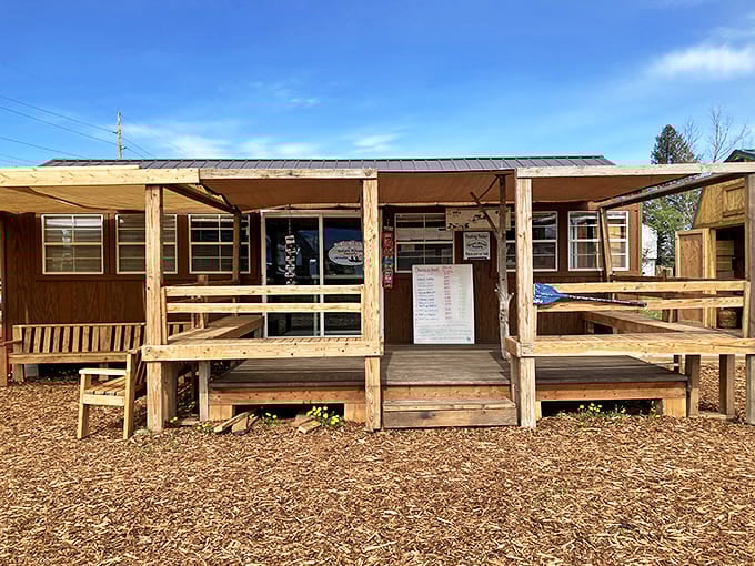 This unassuming wooden shack probably sells better outdoor gear than that fancy sporting goods store in your hometown mall.