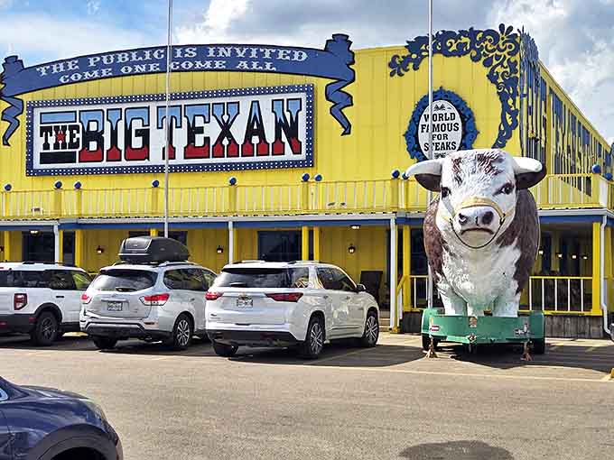 The Big Texan's yellow facade and giant cow statue announce what you're in for: steak that's as oversized as Texas itself.
