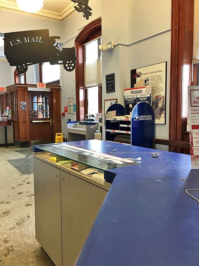 Inside the post office, time seems to stand still. The vintage interior reminds us when mail was an event, not just bills and catalogs.