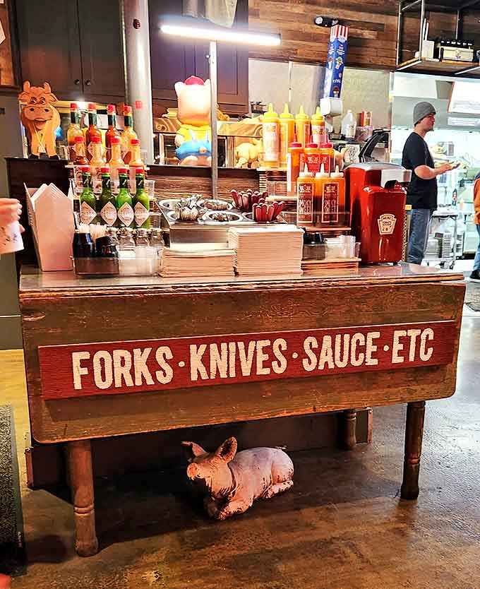 FORKS&bull;KNIVES&bull;SAUCE&bull;ETC &ndash; the barbecue toolbox! Everything you need for proper meat enjoyment, with bottle after bottle of flavor enhancers standing by.