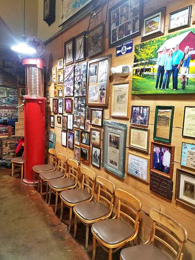 The wall of memories – vintage signs, photographs, and memorabilia create a museum of Southern nostalgia that tells as much of a story as the food itself.