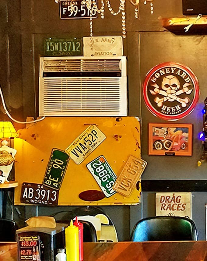 License plates from across America create a road trip on the walls &ndash; a fitting backdrop for food worth traveling miles to experience.