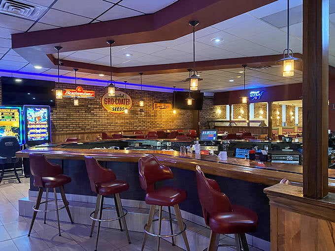 The bar area transforms from daytime coffee spot to evening hangout, where Packers games become community events and strangers become friends.