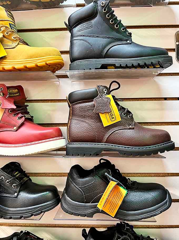 Work boots with stories to tell, lined up like soldiers ready for duty. That middle pair looks sturdy enough for Chicago winters.