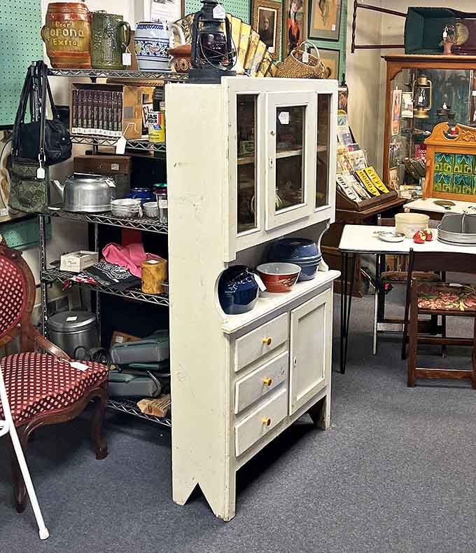 Hoosier cabinets: the original kitchen command centers. This white beauty has organized someone's flour and sugar since before digital assistants existed.