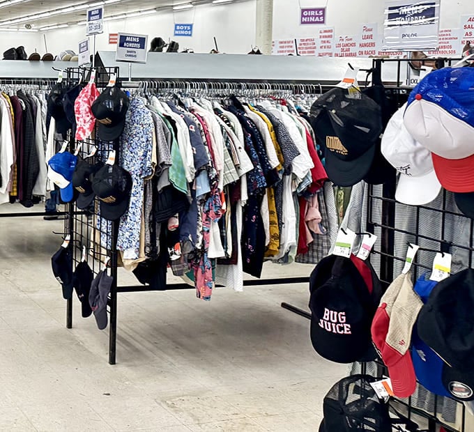 Hat heaven for the fashion-forward thrifter. From practical sun protection to statement pieces, the accessory section never disappoints.