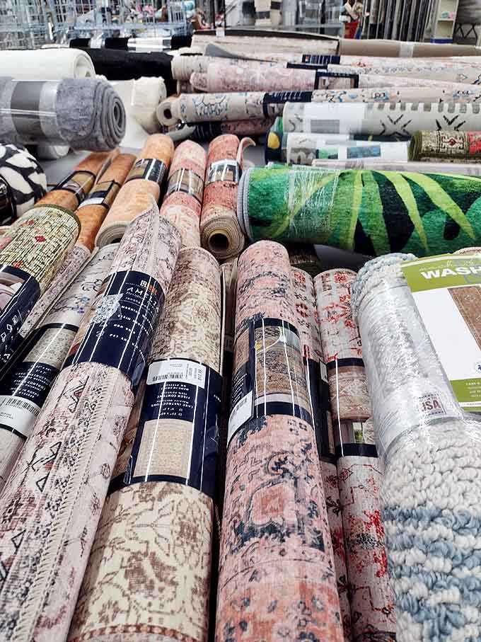 Roll after colorful roll of area rugs and carpets&mdash;like a textile library where each pattern tells a different decorating story.