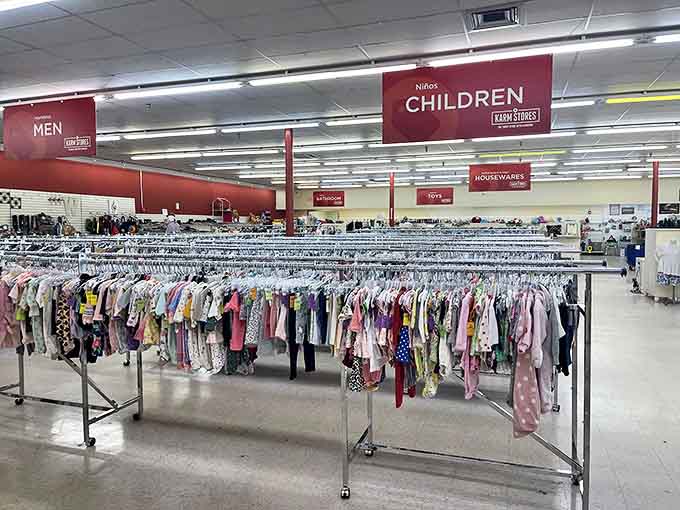 The children's section: where tiny clothes await tiny humans. Growing kids and shrinking budgets find perfect harmony among these colorful racks.