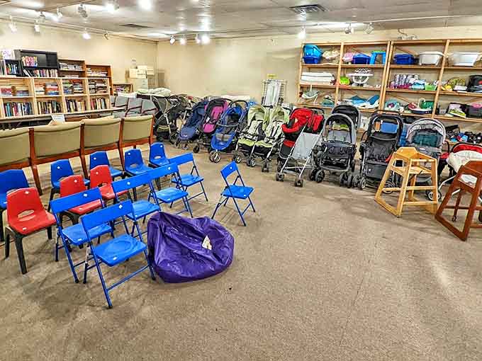 A gathering of pint-sized chairs and strollers stands ready for new little occupants—like a tiny waiting room for the next generation of budget-savvy families.