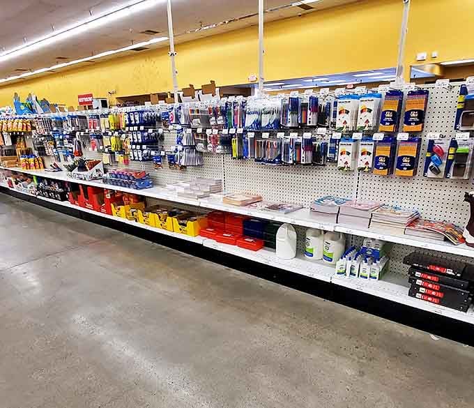 Office supplies and everyday essentials arranged with military precision&mdash;because saving money should be an organized operation.