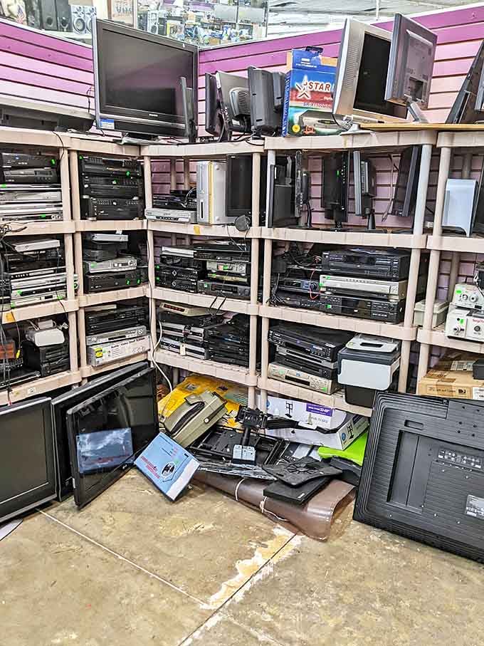 The electronics corner: where VCRs come to retire and occasionally find second careers with vintage media enthusiasts.