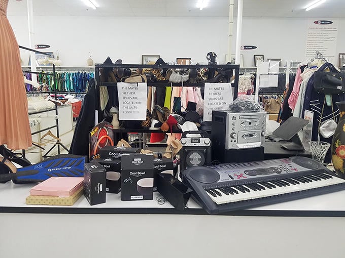 The electronics section requires a gambling spirit. That keyboard might create beautiful music or sound like a cat walking across keys.