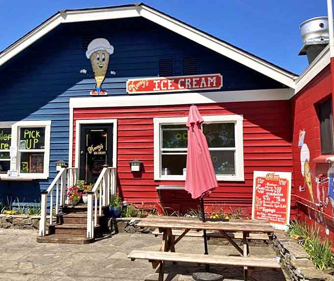 The cheerful red and blue exterior with its whimsical ice cream cone mascot promises sweet memories inside. First impressions that taste as good as they look.