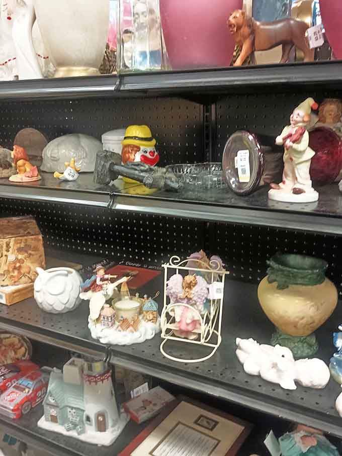 The figurine shelf: where yesterday's knickknacks become tomorrow's "vintage collectibles." That clown might haunt your dreams, but the ceramic animals will charm your guests.